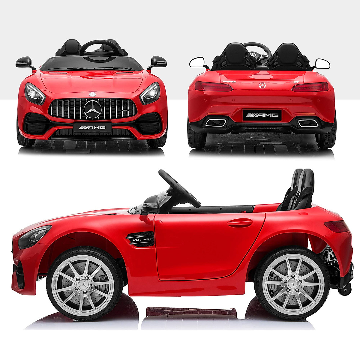 Kidzone 12V Kids Ride On Car Toy 2-Seater AMG GT Electric Powered Vehicle High/Low Speed with Horn, Radio, Port, AUX, Spring Suspension - Red