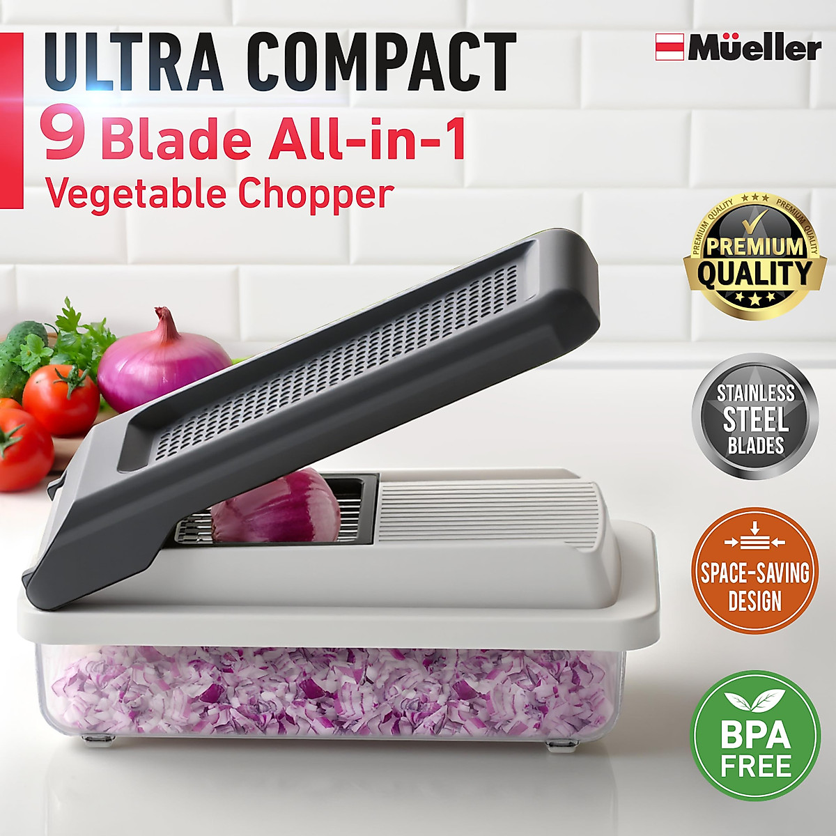 Mueller Vegetable Chopper Mandoline Slicer, Food Veggie Chopper, Cheese Grater, Onion Vegetable Cutter with Container, Dicer, Kitchen Gadgets & Essentials, White Sand/Grey