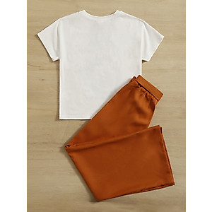 OYOANGLE Girl's 2 Piece Outfits Letter Graphic Floral Print Short Sleeve Blouse T Shirt Top and Belted Pants Sets Multicolor 11-12 Years