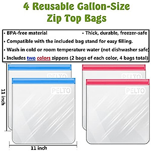 Baggy Rack (2-Pack) Ziplock Bag Holder Stand + Reusable 1 Gallon Freezer Bags (4-Pack) - Hands-Free Food Storage Bag Rack for all Size Food Prep Sandwich Bags + 4 Thick PEVA / Silicone Freezer Baggies