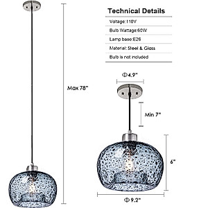 Trustwoods Hand blown Glass Pendant Light for Kitchen Island Sink Restaurant Farmhouse, Grey Blue, Brushed Nickel