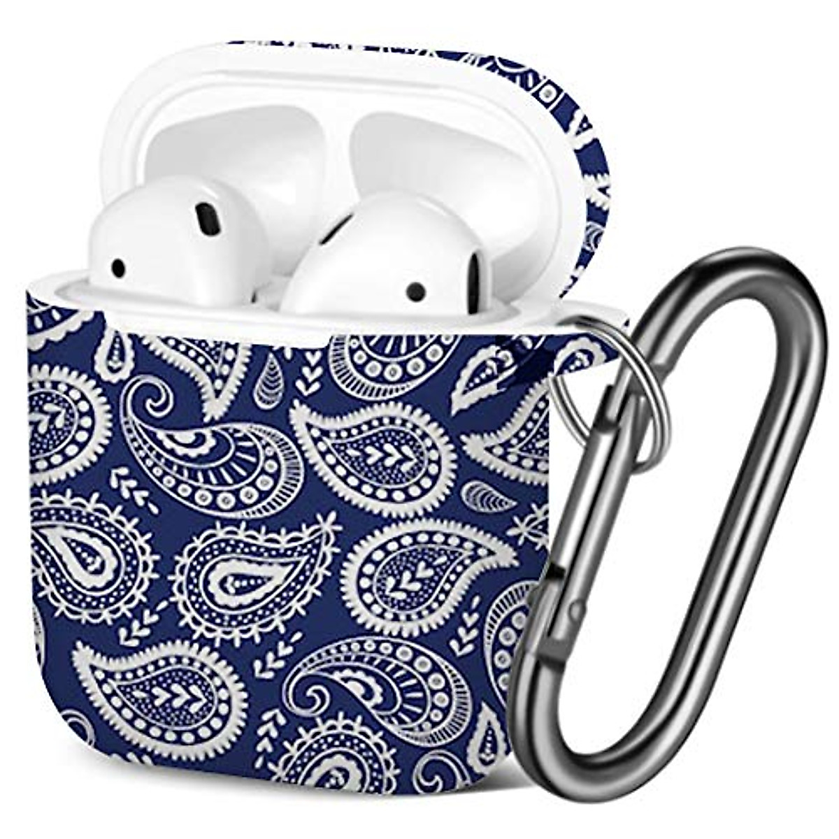 [ Compatible with AirPods 2 and 1 ] Shockproof Soft TPU Gel Case Cover with Keychain Carabiner for Apple AirPods (Paisley Blue White)