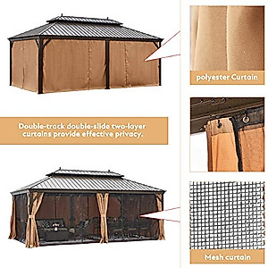 MELLCOM 12' x 20' Hardtop Aluminum Gazebo, Galvanized Steel Double Roof Metal Gazebo with Aluminum Frame, Brown Permanent Patio Gazebo with Curtains and Netting for Patios, Gardens, Lawns