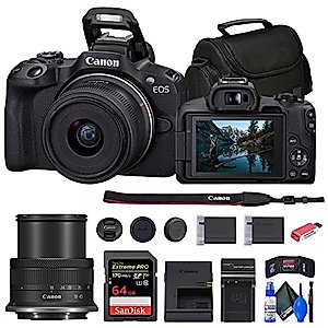 Canon EOS R50 Mirrorless Camera with 18-45mm Lens (Black) (5811C012) + 64GB Memory Card + Bag + Charger + LPE17 Battery + Card Reader + Memory Wallet + Cleaning Kit (Renewed)