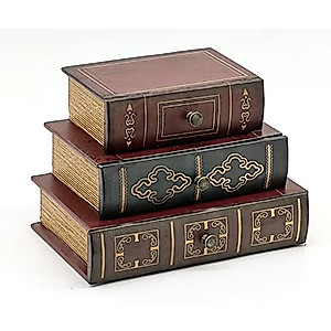 Bellaa Decorative Book Box with Drawers Hidden Storage Retro Antiques Vintage Flux Leather Wooden Boxes 8 by 6 Inches