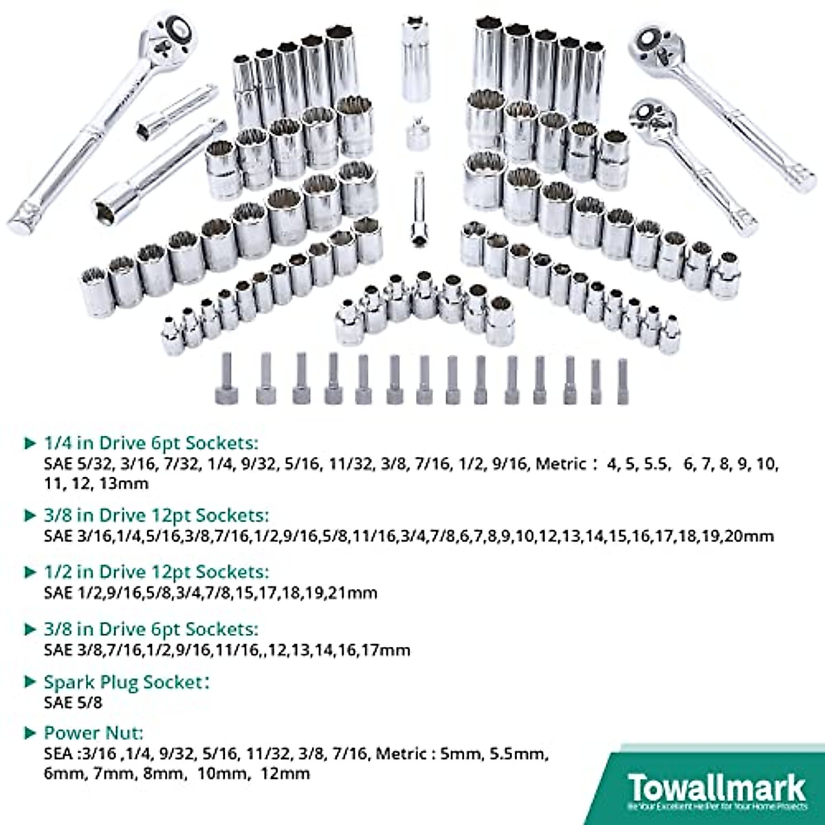 Towallmark 213 Piece Mechanic Tool Set and Socket Wrench Set, SAE and Metric Household Hand Tool Kit, Cr-V Constructed, Home/Auto Repair Tool Sets with Storage Case