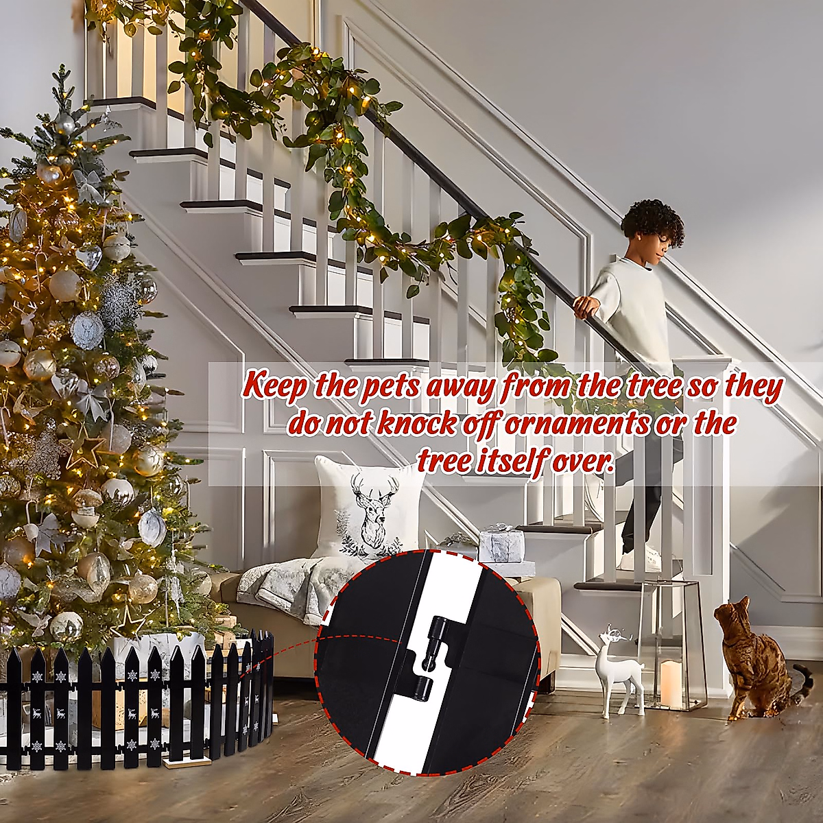 36PCS Christmas Tree Fence Black Decorations - Xmas Indoor Outdoor Gate for Pet Garden Plastic Picket Fences Party Decor (Assembly Needed)