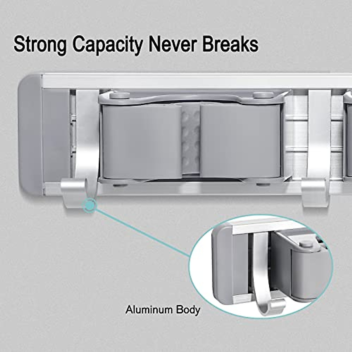 2 Pack Mop Broom Holder Wall Mount, Garden Tool Storage Organizer, Wall Hanger Hooks Rack for Home, Metal Aluminum Garage Laundry Room Organization and Storage, Silver (4 Slots&5 Hooks)