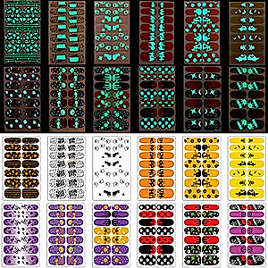 TailaiMei 12 Sheets Glow in The Dark Halloween Nail Wraps Stickers, Fluorescent Nail Polish Strips Self-Adhesive Full Wraps with 2 pcs Nail Files for DIY Nail Art Decals (Dark Style)