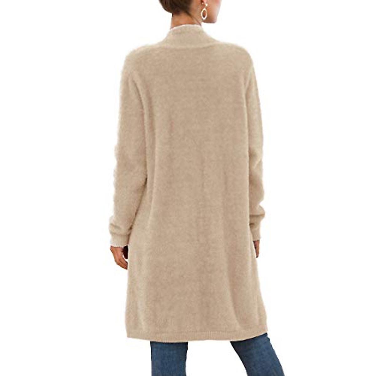 QIXING 2022 Women's Casual Open Front Knit Cardigans Long Sleeve Plush Sweater Coat with Pockets Khaki-Medium