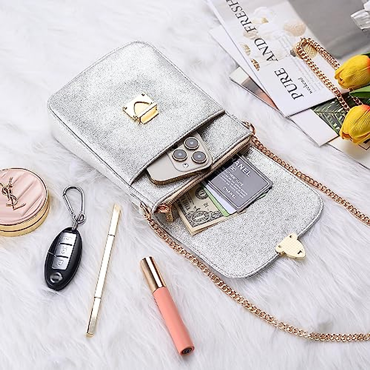 GAYI URBAN Glitter Cell Phone Crossbody Bags for Women, Sparkle Wallet Phone Purses with Chain, Small Ladies Clutch Purses (Silver)