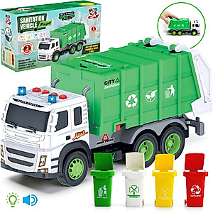 MOBIUS Toys Garbage Truck Friction-Powered – 1:12 Scale Large Size Truck w/Sounds, Lights, Loader, 4 Trash Cans for Learning Waste Management Recycling Toy for Toddlers, Boys, Girls 3 4 5 Years Old