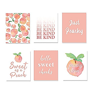XUOIAYNB Watercolor Pink Peach Art Print-- Sweet Peach Fruit with Inspirational Quote Canvas Wall Art--(8”X 10”X 6 pcs, Unframed)--Perfect for Kids Room Kitchen Summer Decoration