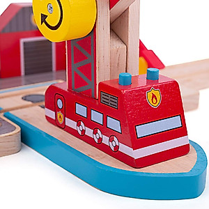 Bigjigs Rail, Fire and Sea Rescue, Wooden Toys, Bigjigs Train Accessories, Rescue Vehicles Toys, Train Toys, Wooden Crane for Train Set, Wooden Toys for 3 4 5 Year Olds