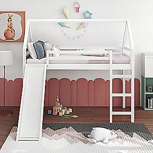 Lostcat Twin Loft Bed with Slide, House Loft Bed with Slide,Solid Pine Wood Kid Bed Frame w/Safety Guardrail & Ladder,No Box Spring Needed,Save Space Design, Kid Bed for Kids,Teens, Girls, Boys, White
