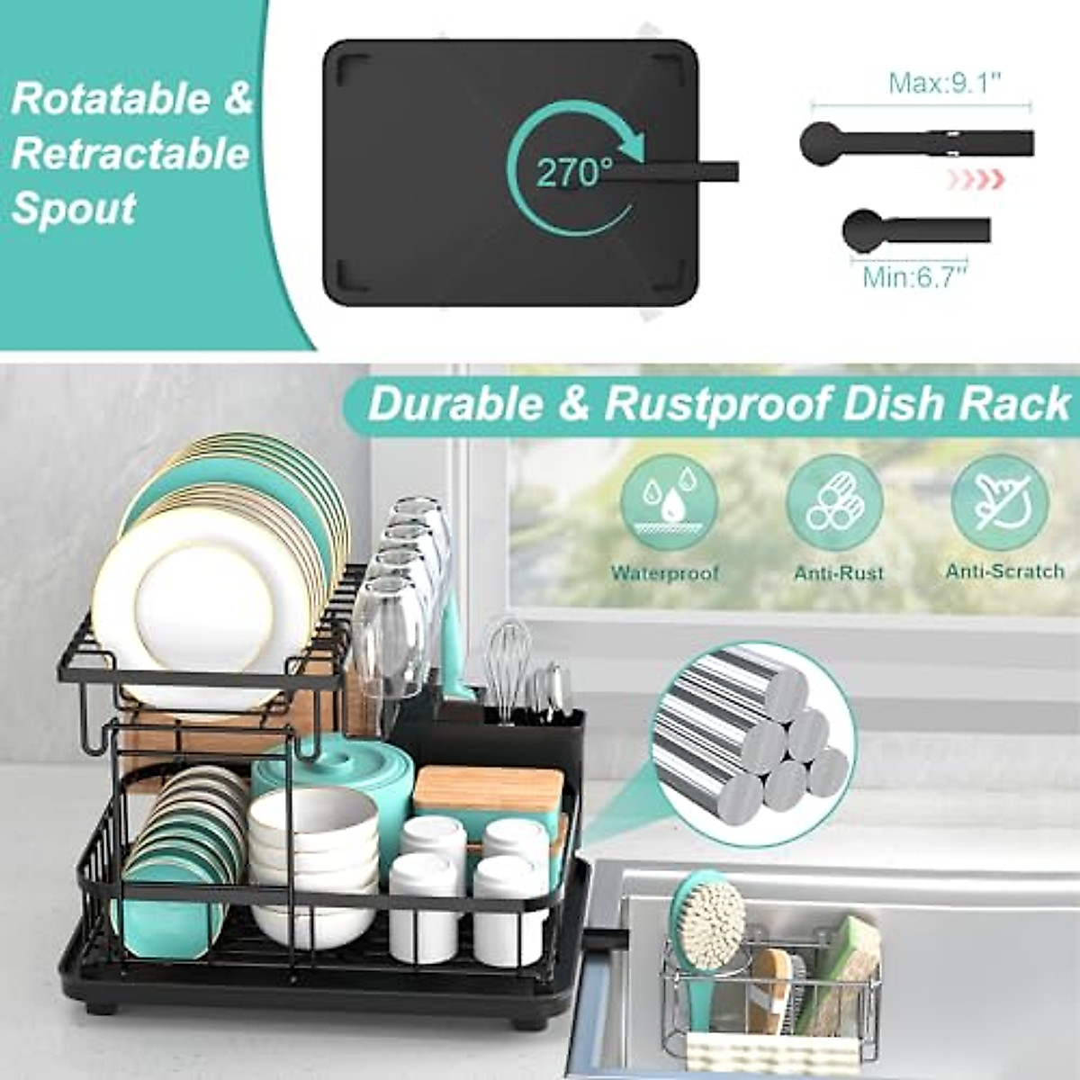 Loftiage Dish Drying Rack with Extra Sponge Holder for Kitchen Counter Sink, 2 Tier Large Dish Drainer Racks, Adjustable Spout Dish Strainer with Drainboard, Utensils, Cutlery Holder, Black