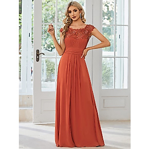 Ever-Pretty Women's Cap Sleeve Ruched Lace A Line Round Neck Chiffon Formal Dresses Evening Gowns Burnt Orange US14