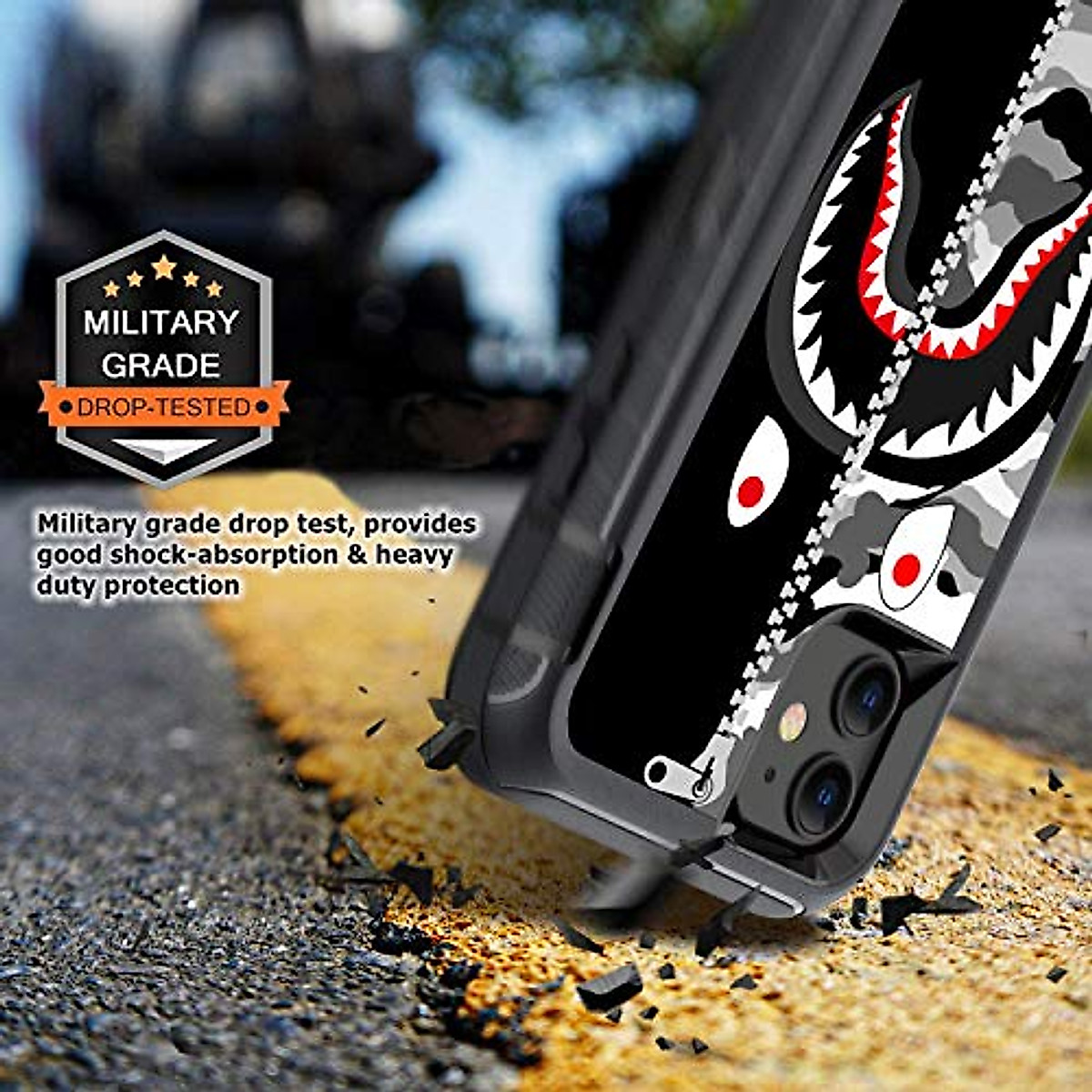 OTTARTAKS iPhone 11 Case with Screen Protector, Street Fashion Full Body Rugged Heavy Duty Case for Boys Men, Shockproof 3-Layer Defender Protective Case for iPhone 11 6.1inch, Camo Shark