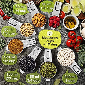 Stainless Steel Measuring Cups and Spoons Set of 16 Pieces — 7 Nesting Cups and 7 Stackable Spoons + 2 D Rings — Professional Portable and Sturdy Metal Measuring Set for Liquid Wet and Dry Ingredients