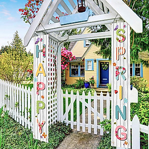 ORTIGIA Happy Spring Banner for Outdoor Colorful Floral Butterflies Porch Sign Decorations Outdoor Indoor Vintage Holiday Hanging Flags Wall Decor for Front Door Home Party Supplies