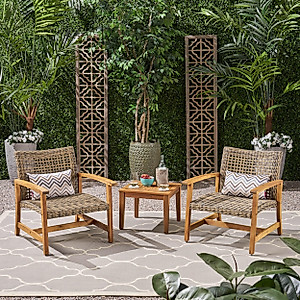 Christopher Knight Home Hampton Outdoor 3 Piece Wood and Wicker Club Chairs and Side Table Set, Gray