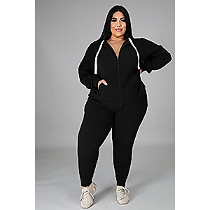 NoeYois Womens Plus Size 2 Piece Outfits Long Sleeve Sweatsuit Hooded TrackSuit Sets Matching Loungewear with Pockets-Black 3XL