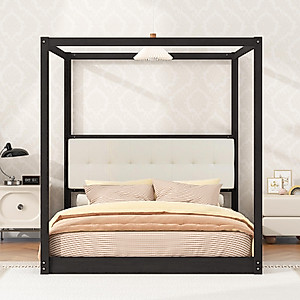 HAUSHECK King Size Canopy Bed with Upholstered Headboard, Four-Poster Queen Canopy Platform Bed Frame, Wood Floor Bed Frame with Sturdy Wooden Slatted Structure, No Box Spring Needed, Easy Assembly