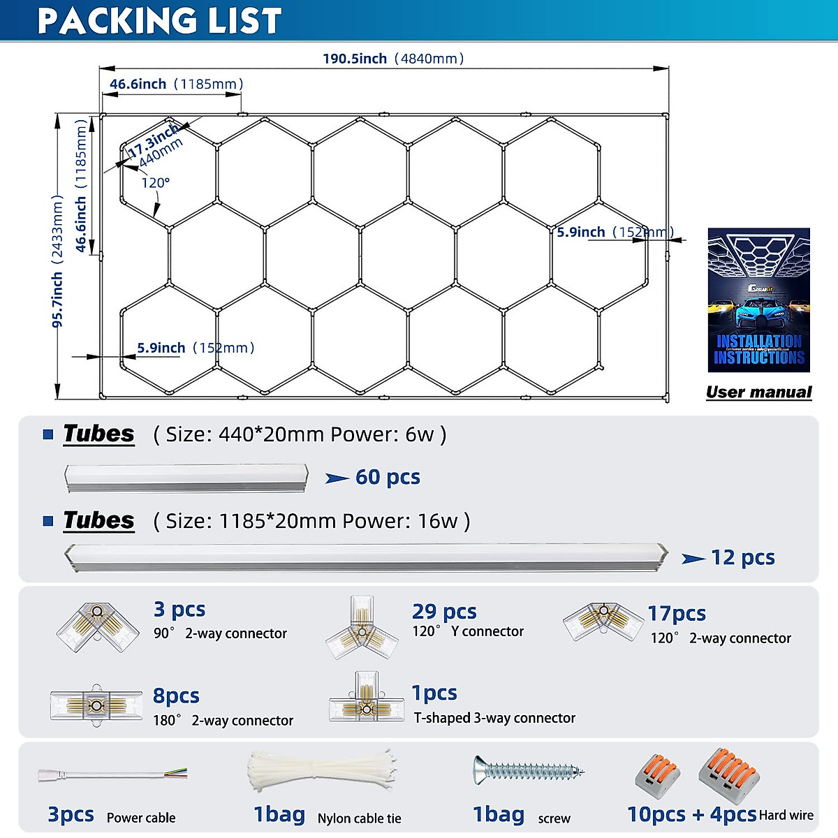 GOSLARLIT Hexagon LED Garage Lights,6500K Dimmable Ceiling Lights,Adjustable Brightness,High Energy-Saving Industrial Shop Lights for Market/Garage/Car Wash/Car Show(15.88fts x 7.98fts)