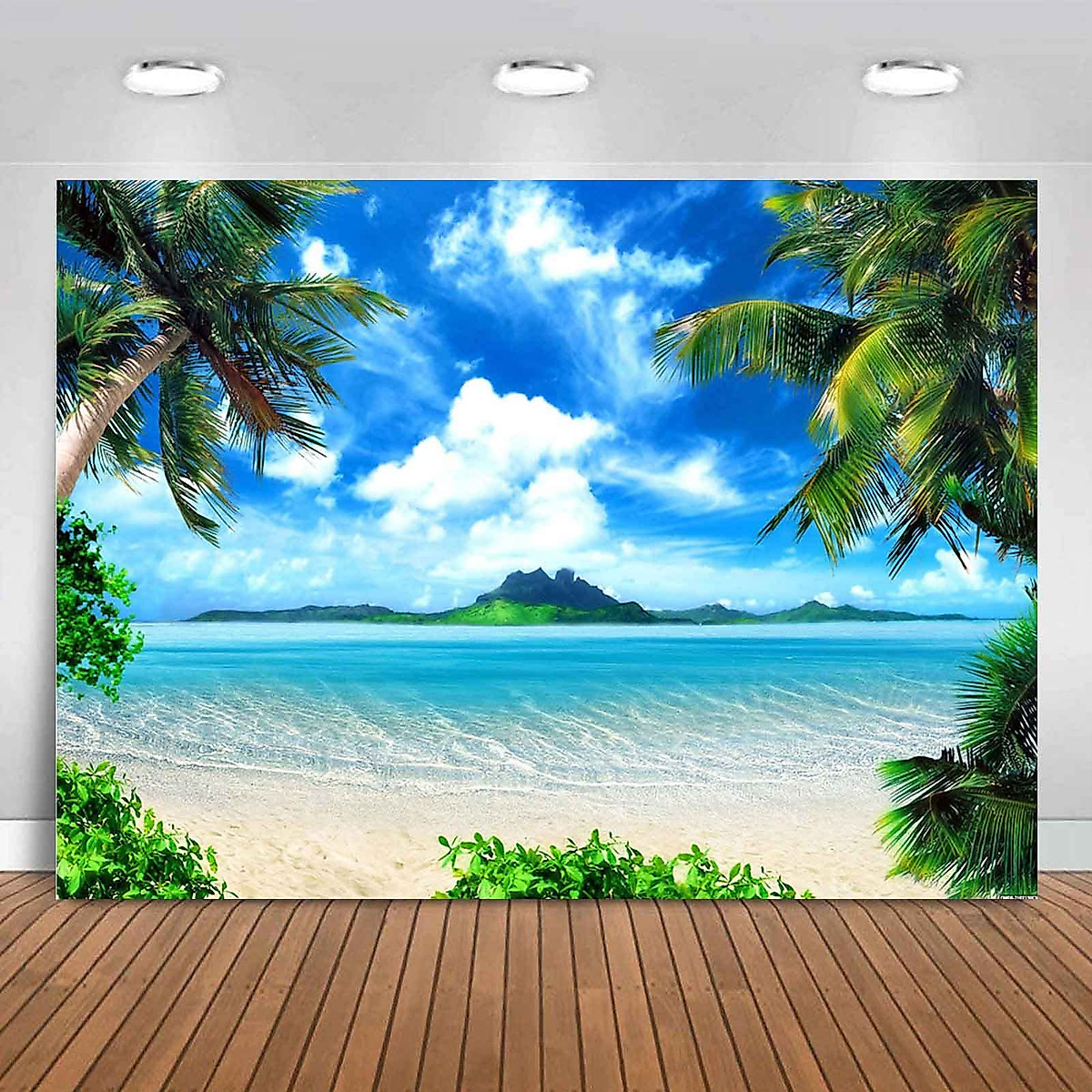 Summer Beach Theme Photo Hawaiian Ocean Blue Sky Seaside Tropical Palm Trees Luau Birthday Party Decor Banner 82x60in