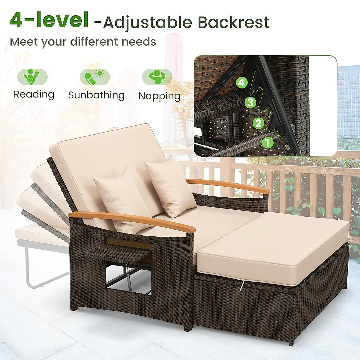 Tangkula Patio Rattan Daybed Set with Cushioned Loveseat and Storage Ottoman, Outdoor Double Chaise Lounger with 4-Level Adjustable Backrest and Retractable Side Trays for Backyard (Beige)