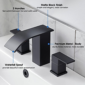 RUMOSE 8 inch Bathroom Faucets Set Matte Black Bathroom Sink Faucet 3 Hole with Pop Up Drain Widespread 2 Handles Stainless Steel Lavatory Vanity Faucet Waterfall Spout Bathroom Faucet Deck Mounted