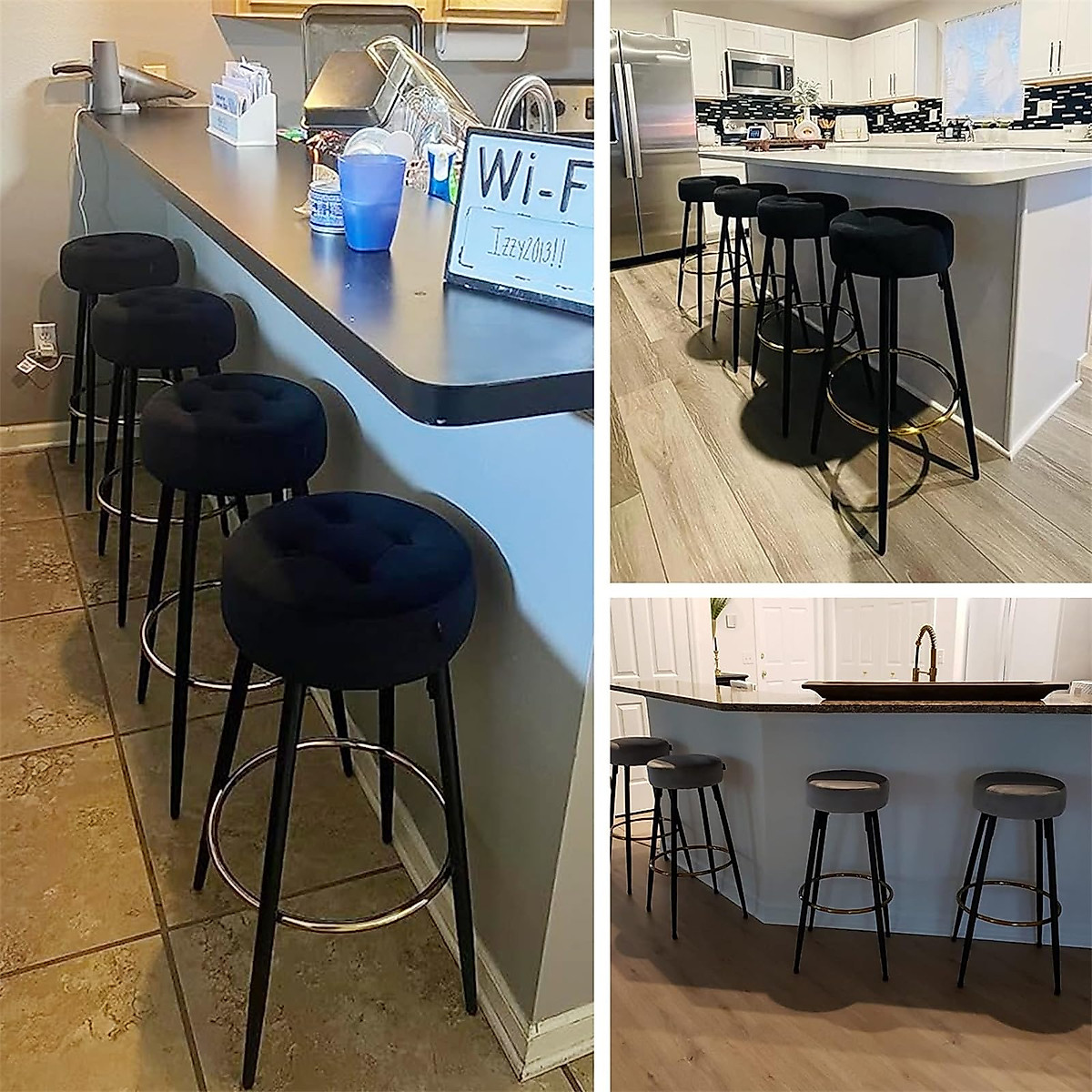 Furnimart 30 inches Modern Round Bar Stools Set of 2, Upholstered Dining Chair Stool with Gold Footrest for Kitchen Island Coffee Pub Shop Bar Height (Velvet-Black)