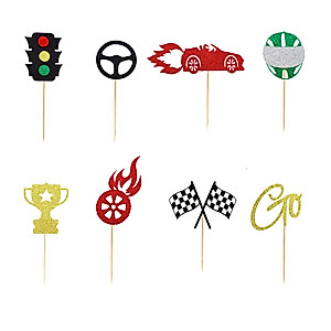 Arthsdite 24 PCS Race Car Cupcake Toppers Traffic Light Steering Wheel Trophy Flag Helmet Racing Car Cupcake Picks for Let's Go Racing Sports Theme Baby Shower Boys Birthday Party Cake Decorations