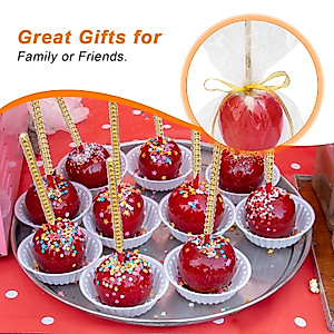 Anglecai 24Pcs Candy Apple Bamboo Stick Kit, 24P Bling Stick for Apple Rhinestone Wooden Skewers, with 24P Bags, 1P 25 Yard Glitter Ribbon, Bling Stick for Caramel Apple Lollipop Crispy Treat