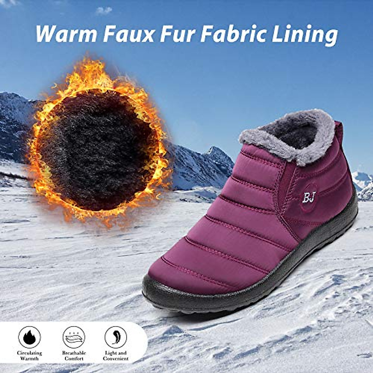 Lazzy Womens Winter Snow Boots, Faux Fur Velcro Ankle Short Booties, Anti-Slip Velour Cuff Sock Knit Boots for Indoor Outdoor Purple Size 7.5