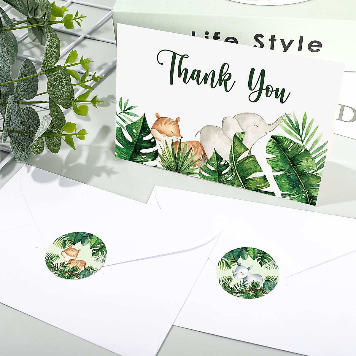 AnyDesign Woodland Thank You Cards with Envelopes Stickers Safari Jungle 30 Pack Watercolor Forest Animals Greenery Greeting Note Cards for Kids Girls Boy Children Birthday Baby Shower Party Supplies