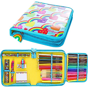 GirlZone Jumbo Rainbow Arts & Crafts Filled Stationery Pencil Case for Girls, 43 Pieces