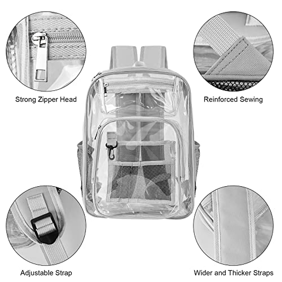 ANSUN Clear Backpack, Large Heavy Duty PVC Transparent Backpack for Kids and Adults, See Through With Reinforced Straps Clear Bookbag for School, Sports, Work, Travel, College, grey