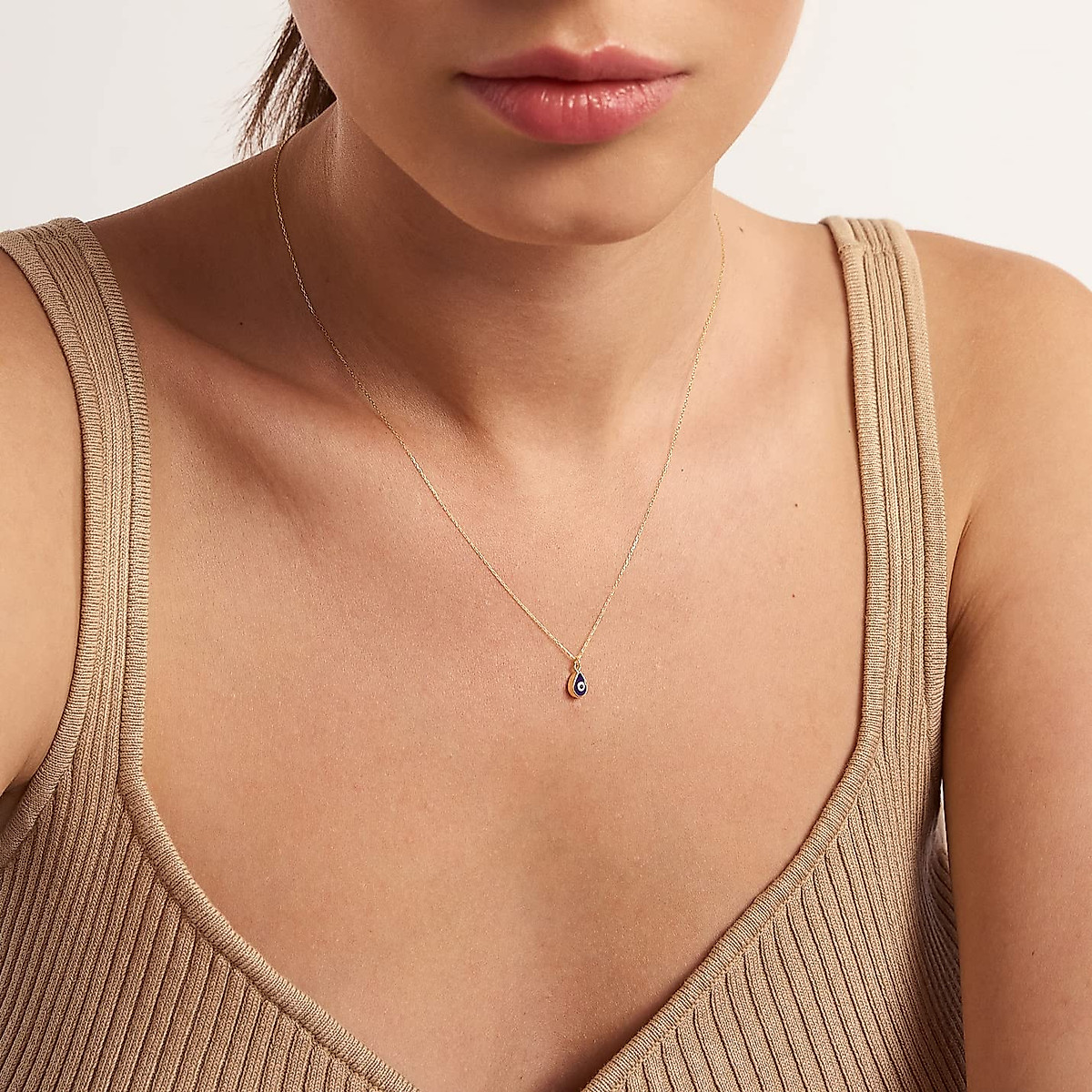 14k Solid Gold Blue Evil Eye Necklace | 14k Yellow Gold Drop Necklaces for Women | Teardrop Pendant Necklace | Delicate Protection Jewelry | Gifts for Anniversary, 18"