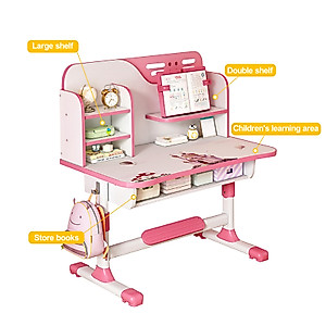 Kids Study Desk and Chair Set, Multi Functional Height Adjustable Children School Study Desk with Astronaut Pattern, Ergonomic Desk Chair with Large Writing Board, Bookshelf and Drawer (Pink)