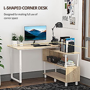 HOMCOM Mobile L-Shaped Rotating Computer Desk with Storage Shelves Moveable Rolling Writing Table Home Office Study Workstation for Home Office, Oak