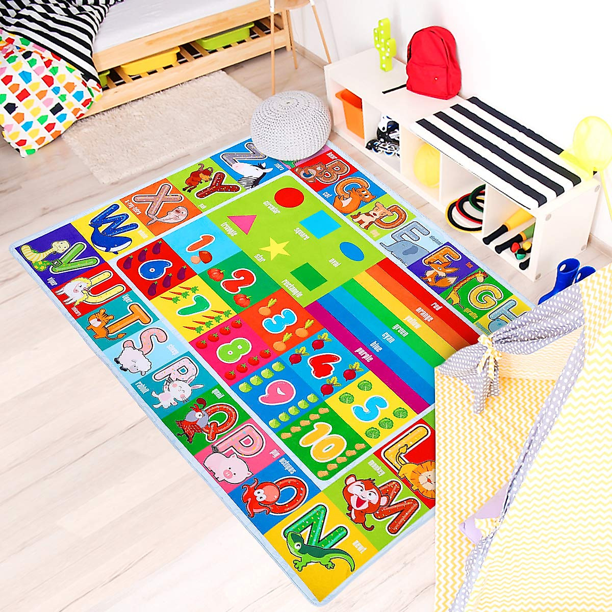 Kids Educational Rug Playtime Collection ABC, Numbers and Shapes Learning Carpet Kids Play Rug Mat Playmat for Playroom Bedroom, 55.1 x 43.3 inch