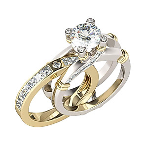 Fashion Jewelry 2 in 1 Simulated Diamond Ring Wedding Band CZ Engagement Ring Solitaire Statement Rings (Gold, 8)