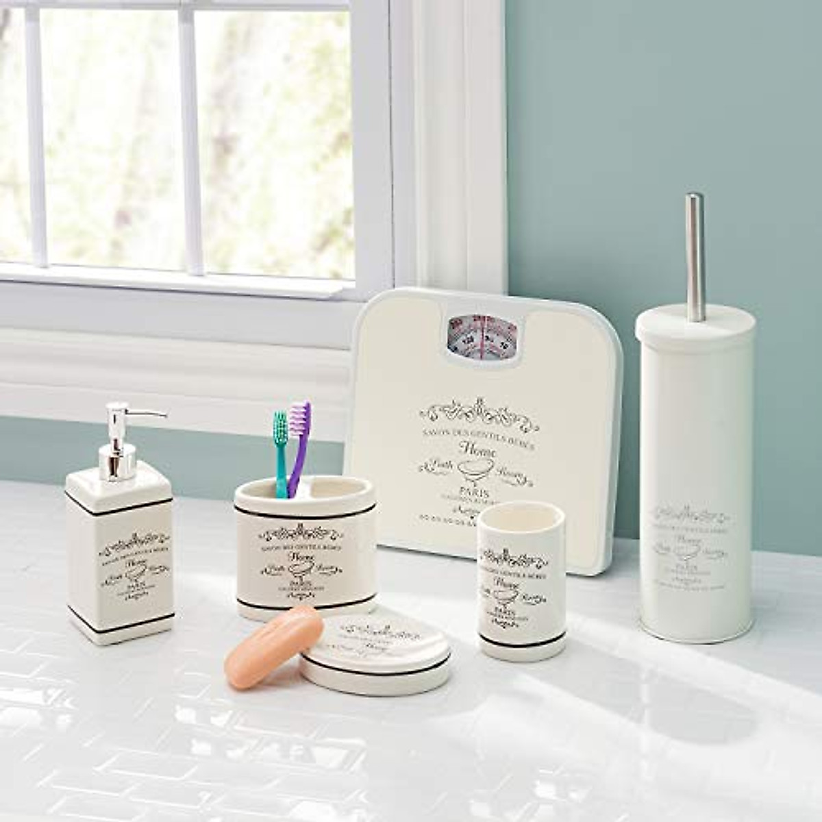 Home Basics Paris Collection 4 Piece Bathroom Accessories Set Featuring a Soap Dispenser, Toothbrush Holder, Tumbler, and Soap Dish