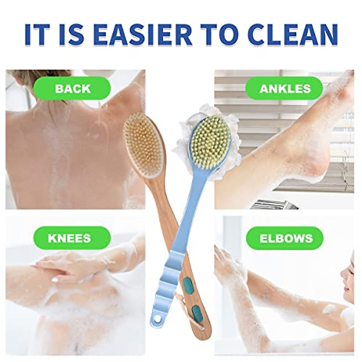 2Pack Back Shower Bath Brushes for Wet or Dry Double Side Specially Long Wooden Handle , Exfoliating Skin for Men and Women