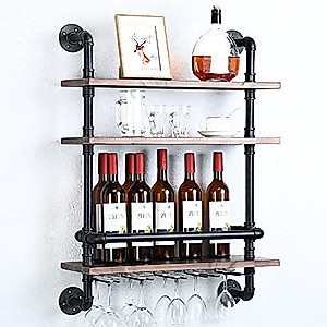 Industrial Hanging Wine Glass Rack Wall Mounted,24in Pipe Shelf Wine Rack with 5 Glass Holder,Rustic Wine Glass Holder Stemware Racks,Pipe Shelving Wood Shelves Floating Wine Glass Shelf