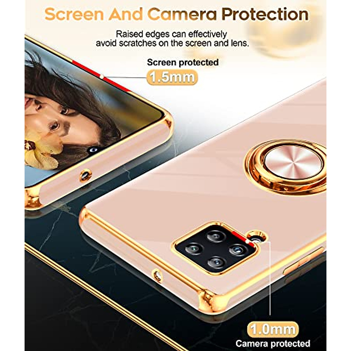 LeYi for Samsung Galaxy A42 5G Case with Tempered Glass Screen Protector [2 Pack] 360° Rotatable Ring Holder Magnetic Kickstand, Plating Rose Gold Edge Protective Case, Pink