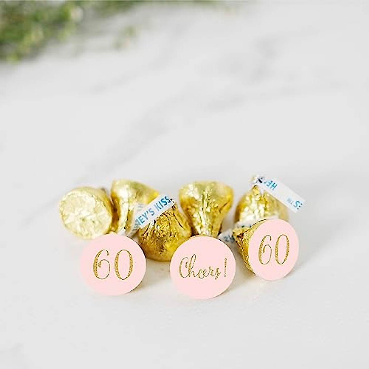Andaz Press Gold Glitter Print Chocolate Drop Labels Stickers, Cheers 60, Happy 60th Birthday, Anniversary, Reunion, Blush Pink, 216-Pack, Not Real Glitter, for Kisses Party Favors
