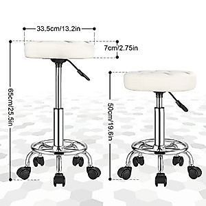 FNZIR Round Rolling Stools PU Leather Seat Height Adjustable Swivel Stool with Wheels White