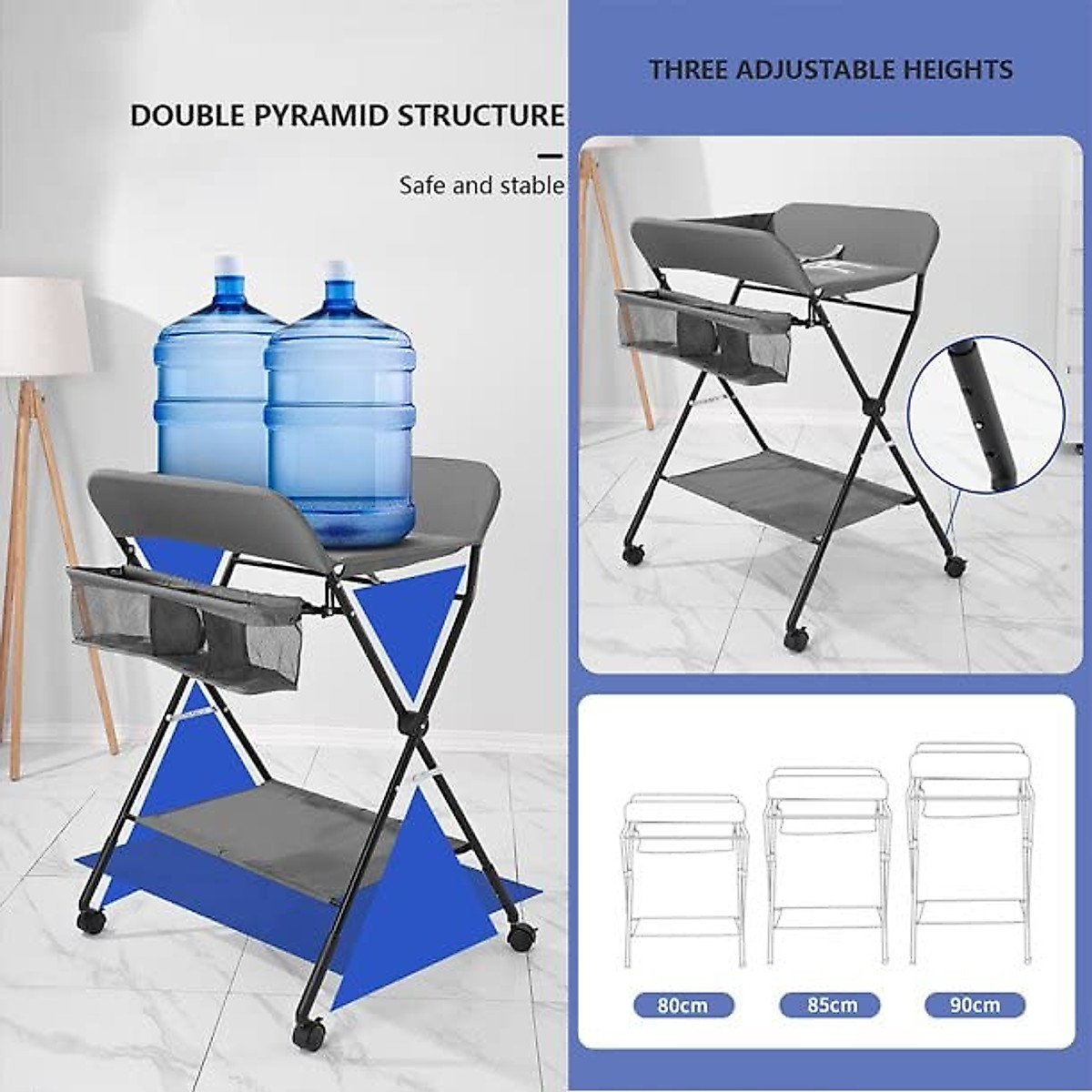 Baby Changing Table Portable Folding Diaper Changing Station with Wheels, Adjustable Height Mobile Nursery Organizer with Safety Belt and 2 Large Storage Racks for Newborn Baby Infant (Black)